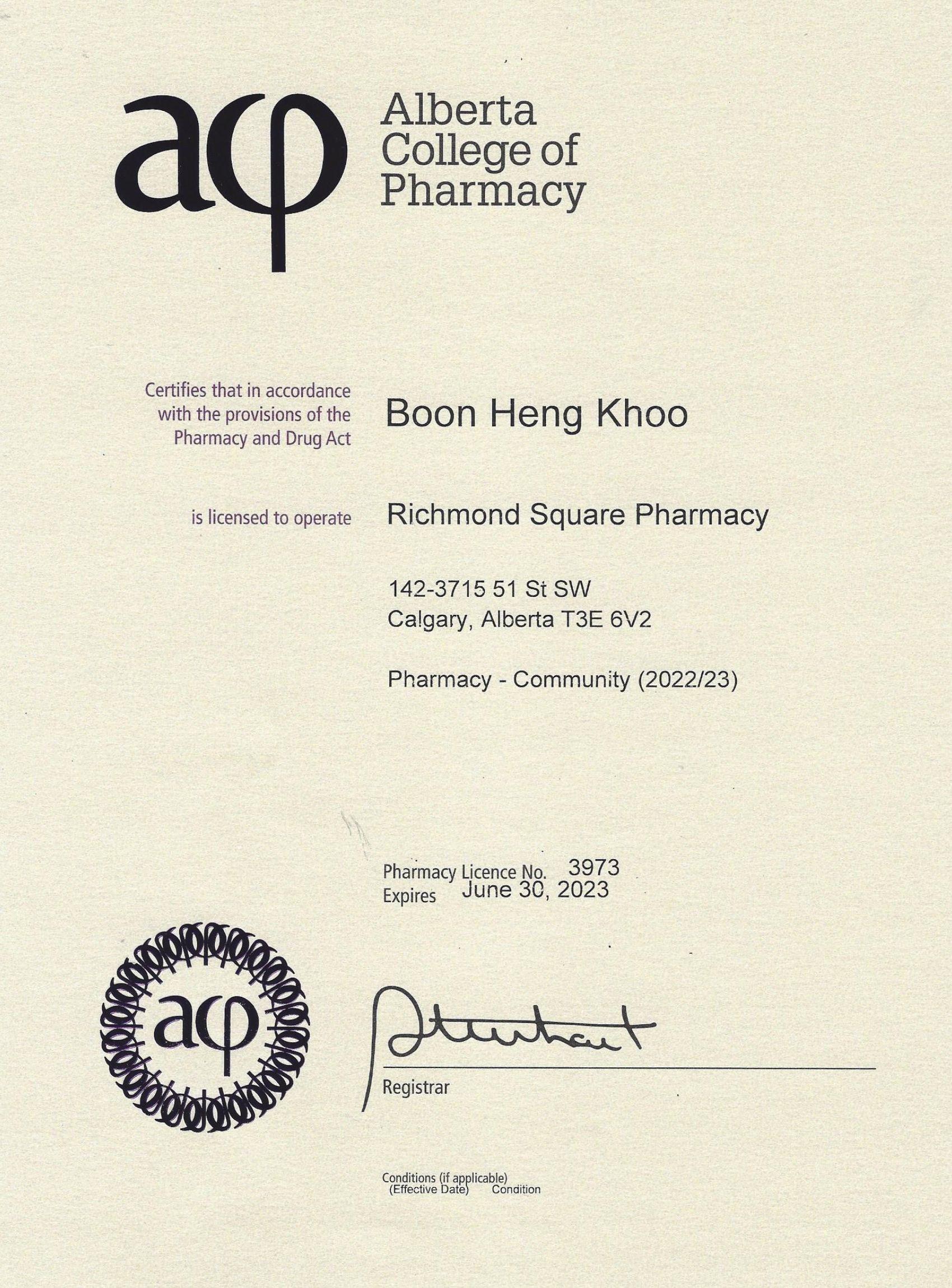 Licenses & Certifications | Richmond Square Pharmacy
